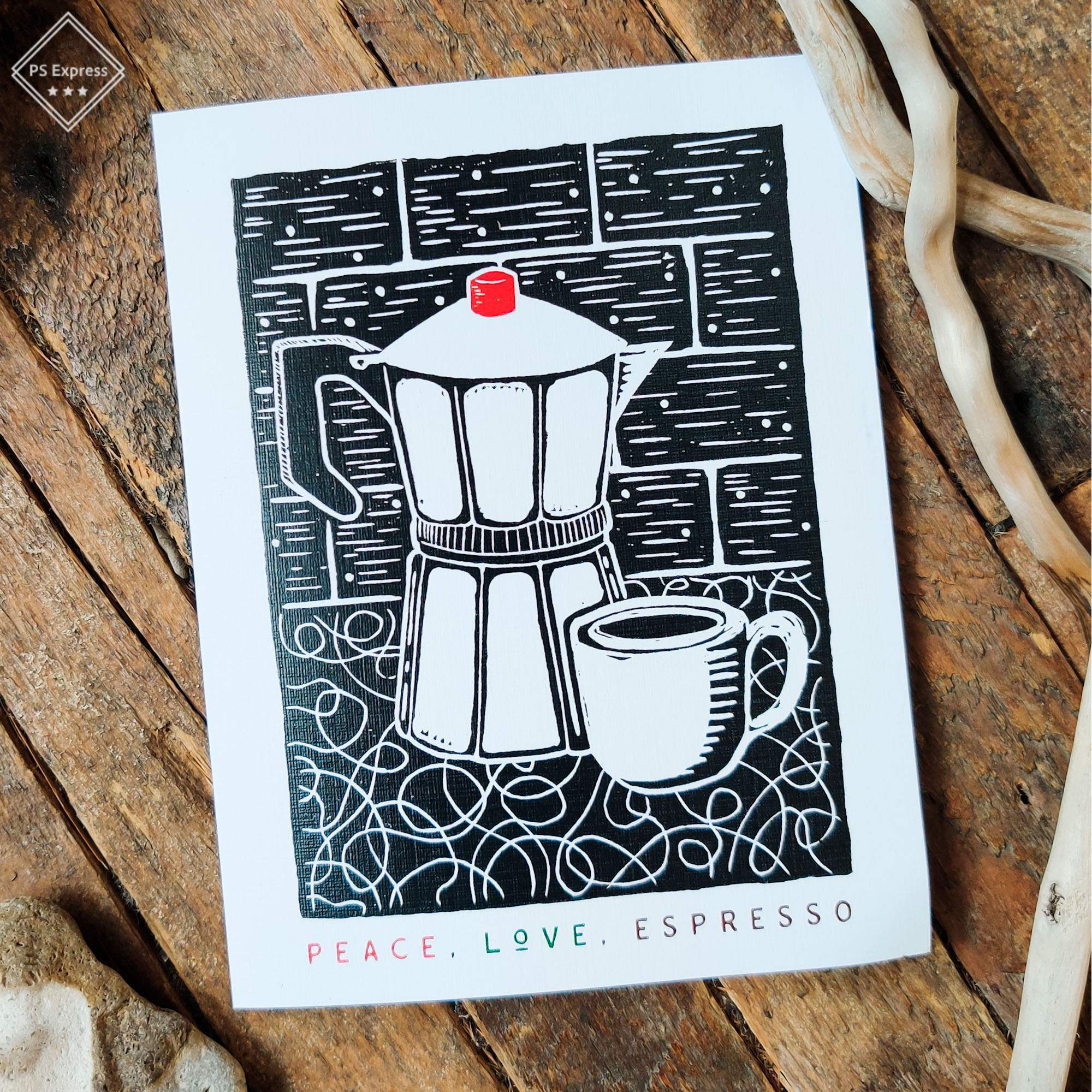Peace Love Espresso Holiday Cards | Big Mitten Linocuts