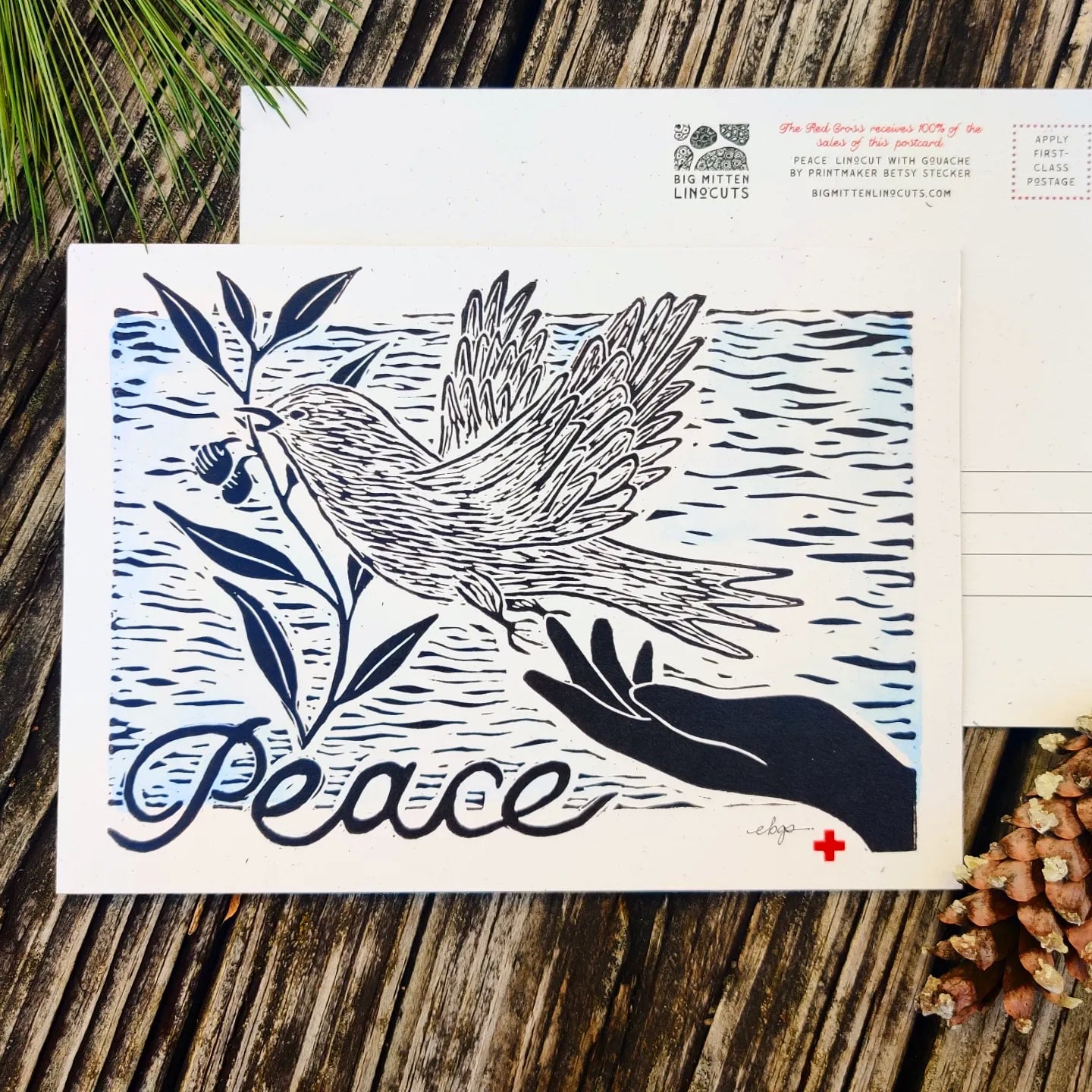 Peace Red Cross Dove Postcard | Big Mitten Linocuts
