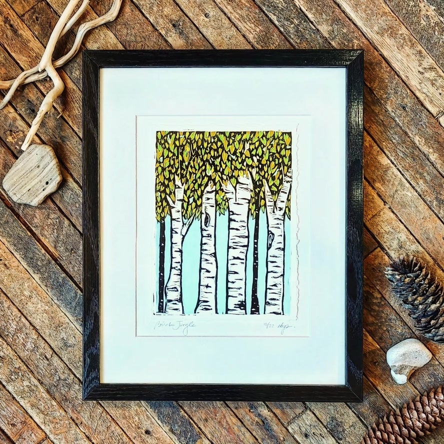 Birch Jungle Reduction Linoprint | Big Mitten Linocuts